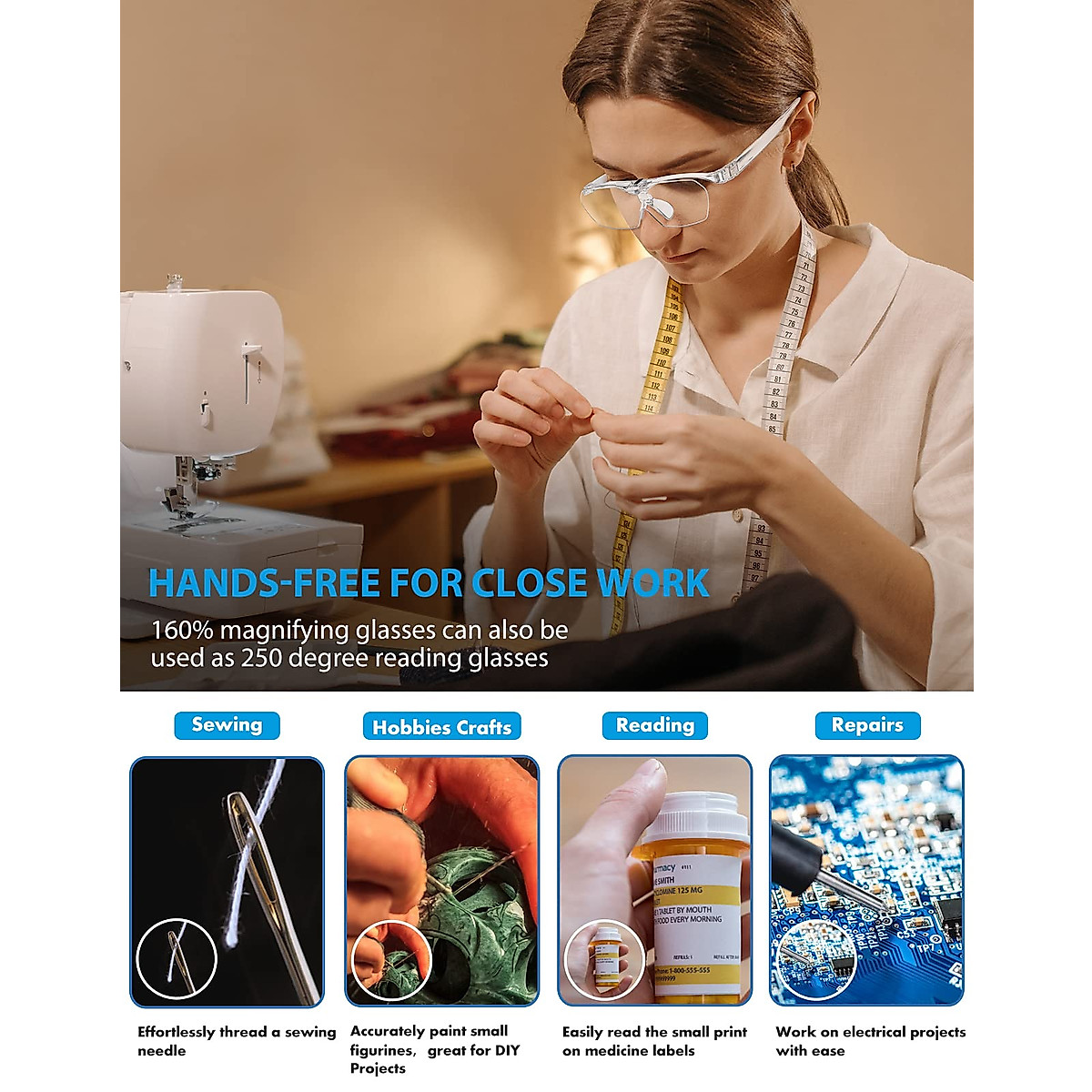 OKH 160% Magnifying Glasses, Flip Up Down Lens, Hands-Free Magnifier Eyeglasses for Close Work, Reading, Sewing, Jewelry Making, Craft, Hobby, Painting