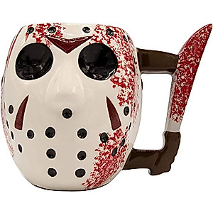 Silver Buffalo Warner Bros Friday The 13th Jason Mask with Knife Ceramic Coffee 3D Sculpted Mug, 1 Count (Pack of 1), Multicolor, 20 fluid ounce.