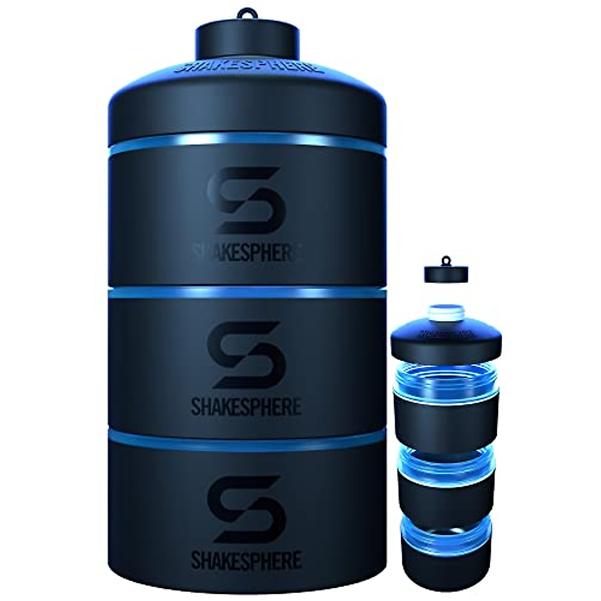 ShakeSphere Stackable Snack Containers - Organizer Carrier for Food, Protein Powders, Nuts & Supplements - 3 Leakproof, Twist Lock Holders - Portable Storage for Lunch, Office, Gym, Travel (Cyan Blue)