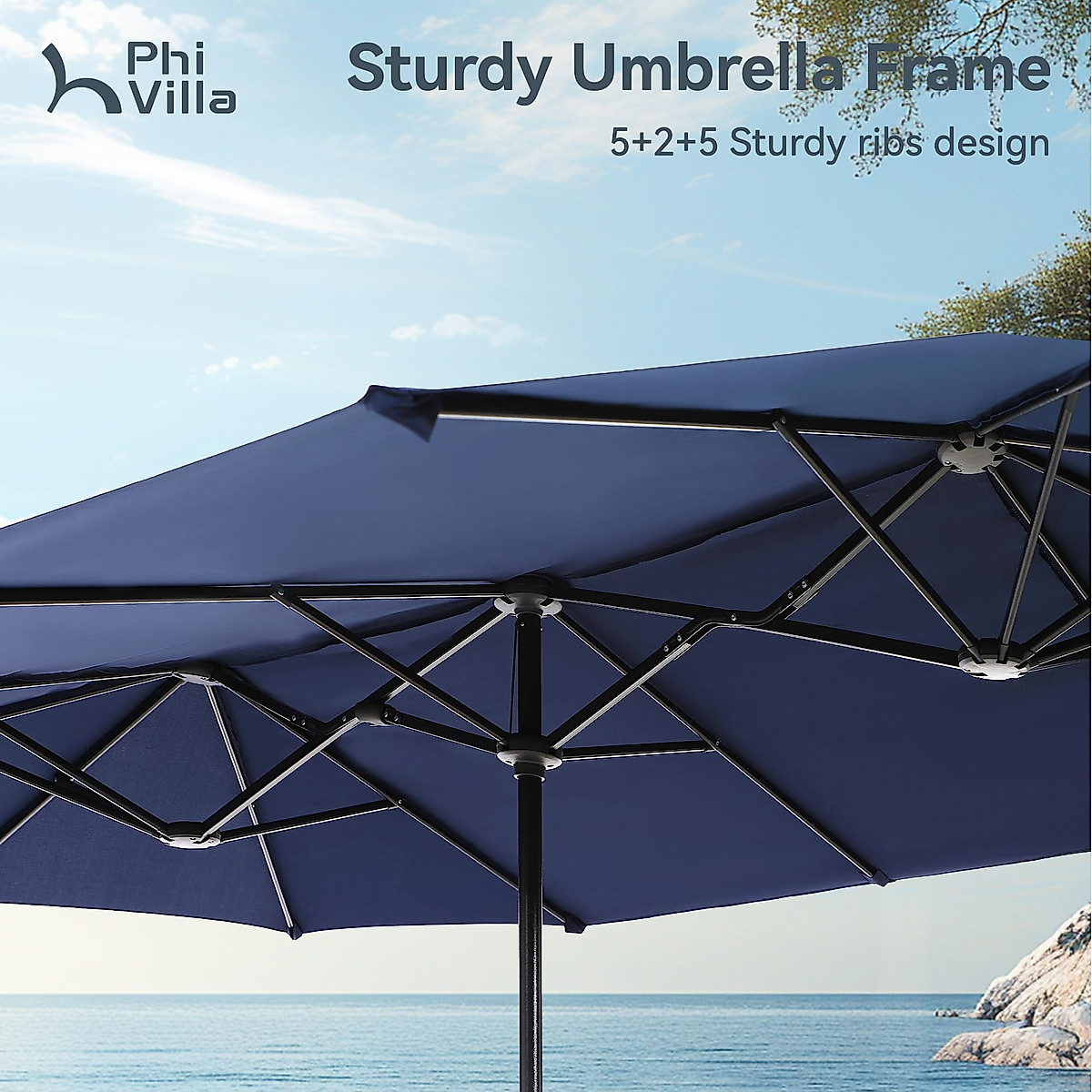 PHI VILLA 8 Piece Patio Dining Set with 13ft Patio Umbrella (Navy Blue), 6 Outdoor Swivel Dining Chairs & 1 Large Metal Dining Table with 1.57" Umbrella Hole, for Lawn Garden Backyard