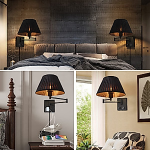 Plug in Wall Sconce 17"Swing Arm Wall Lamp with Plug in Cord and Dimmable Switch Black Sconces Wall Lighting with USB Port and AC Outlet Wall Mounted Lamp Suitable for Bedroom Living Room hallway.