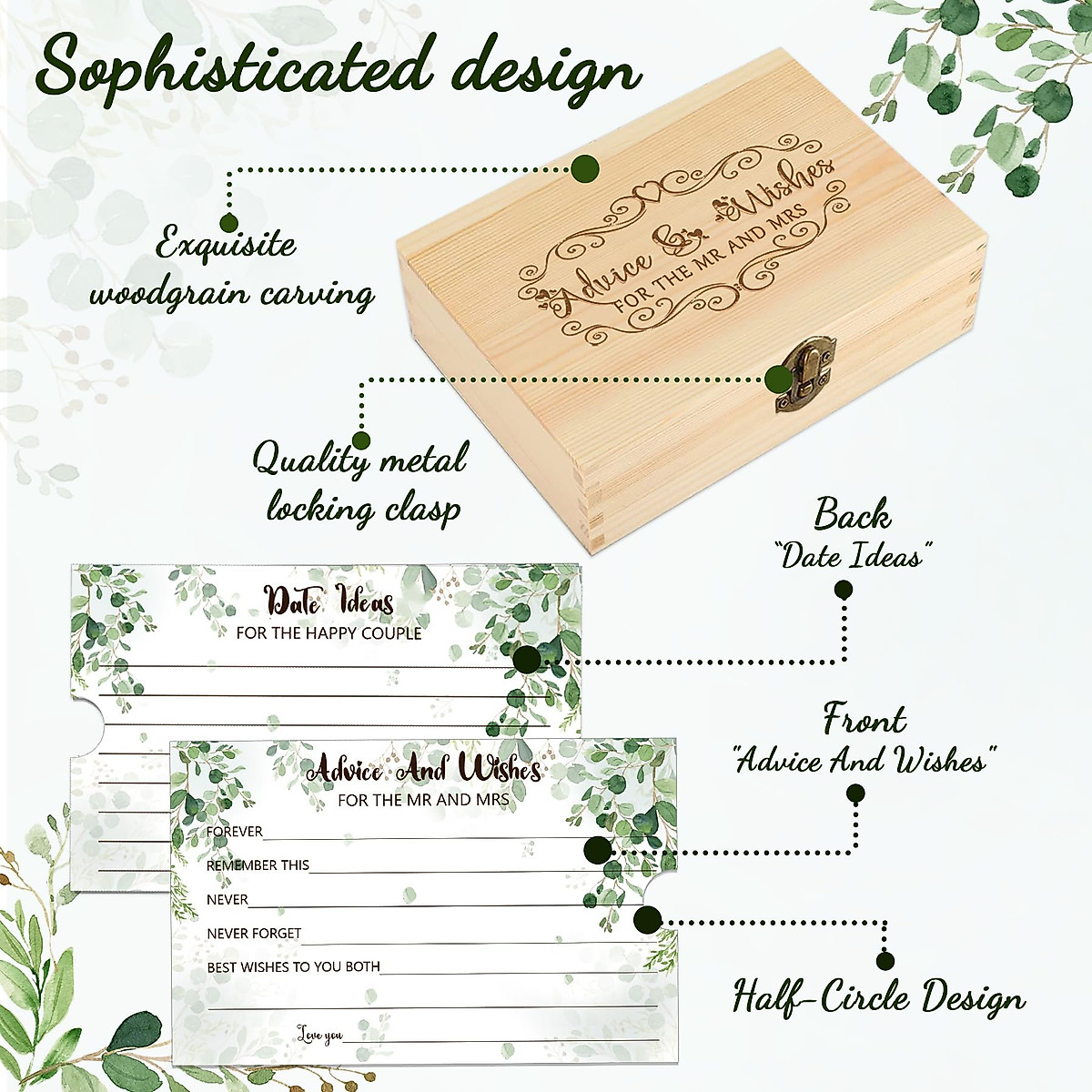 1DFAUL 60Pcs Bridal Shower Advice Cards, Greenery Advice and Wishes for the Mr and Mrs, Advice Cards for Bride and Groom Wood Box Kit for Bridal Shower Games Wedding Decorations