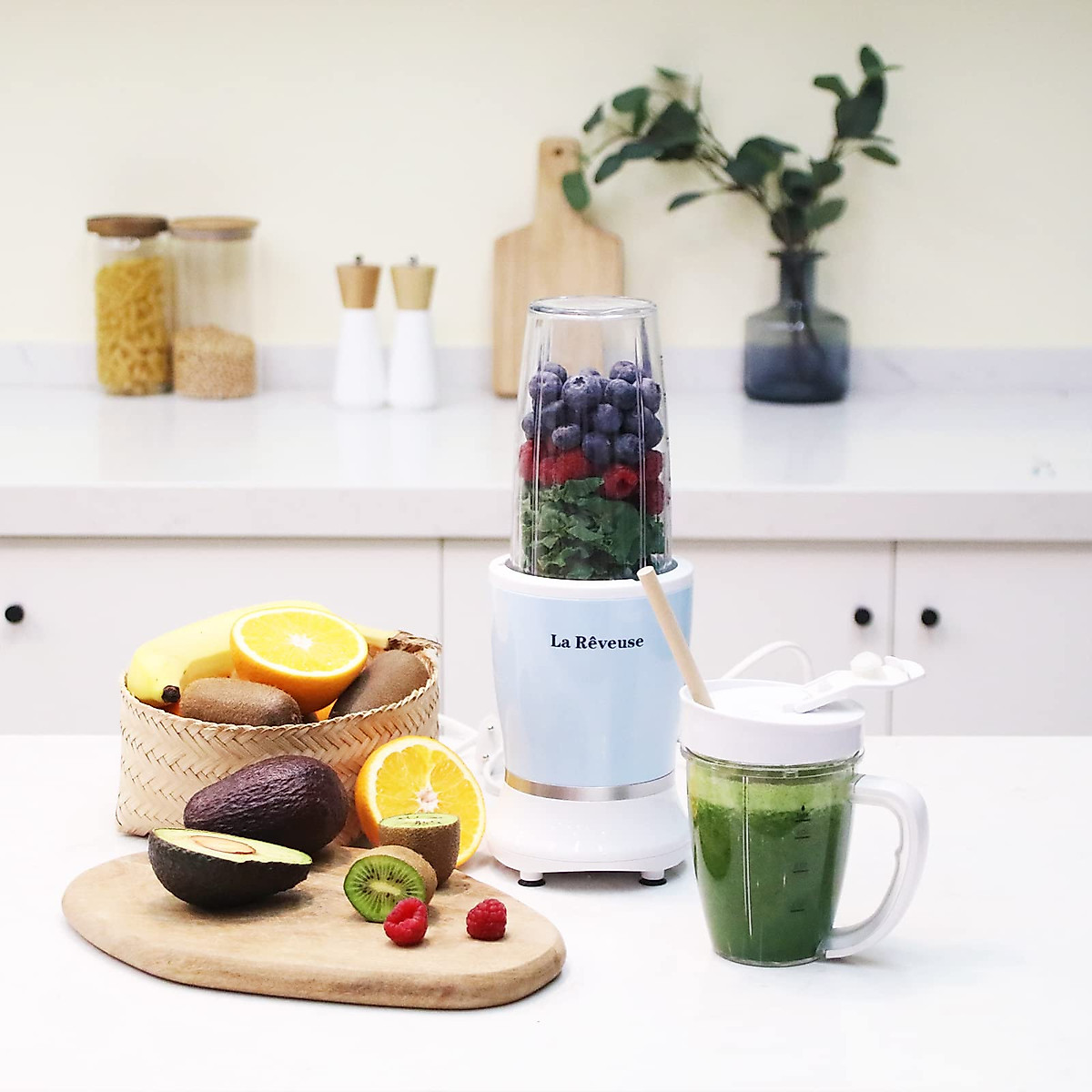 La Reveuse Personal Size Blender 250 Watts Power for Shakes Smoothies Seasonings Sauces with 1 Piece 15 oz Cup,1 Piece 10 oz Mug,BPA Free (Sky Blue)