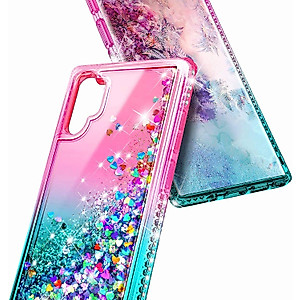 NGB Supremacy for Galaxy Note 10+ (Plus) Phone Case with Screen Protector (Flexible TPU), Ring Holder/Wrist Strap Lanyard, Glitter Floating Liquid Cute Case for Samsung Note 10 Plus Pink/Aqua