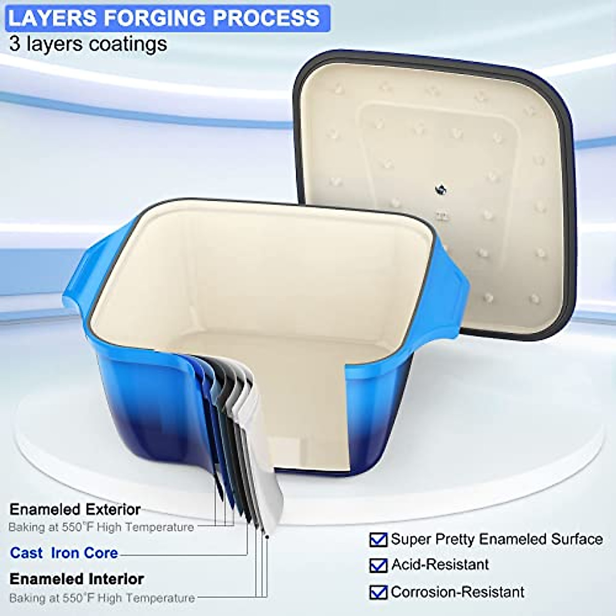 imarku Dutch Oven Pot with Lid, 5 Quart Enameled Cast Iron, Safe Up To 550°F, for Braising, Broiling, Bread Baking, Frying, Oven, Nonstick Enamel Coating, Easy to Clean, Great Gifts, Blue