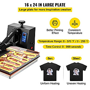VEVOR Heat Press Machine, 16x24in / 40x61cm, Clamshell Sublimation Transfer Printer Teflon Coated, Digital Precise Heat Control, Silicone Sponge Powerpress for T-Shirt Bag Pad Pillow