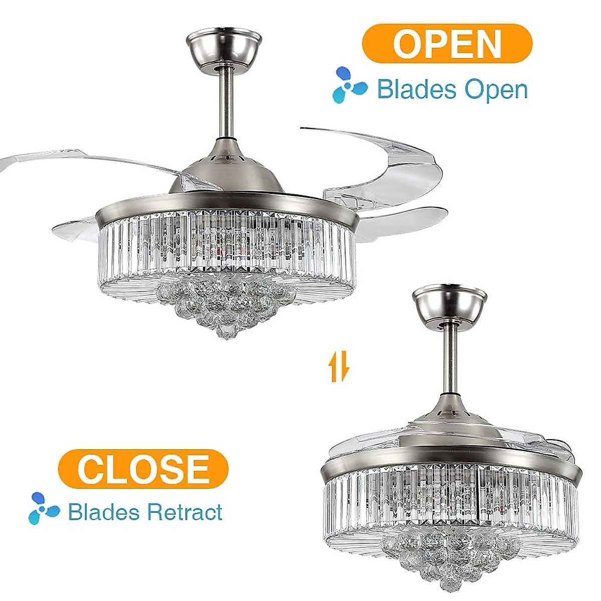 Crystal Chandelier Ceiling Fan with LED Light and Remote Control, 42" Modern Retractable Blade Ceiling Fans Light, 3 Lights Color and 6 Speeds, Perfect for Living Room, Bedroom (Crystal Silver)