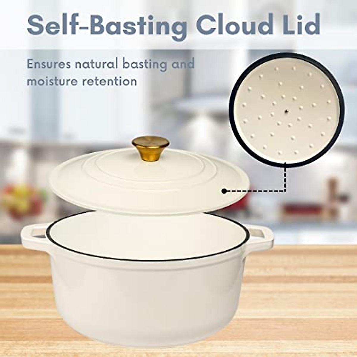 Lexi Home Cast Iron Enameled Dutch Oven Pot with Lid 6 qt, Sauce Pan, Pasta Server, Stove Top Pot, Dish for Sourdough Bread, Slow Cooking Chicken, Soup & More, Kitchen Cookware - Cream