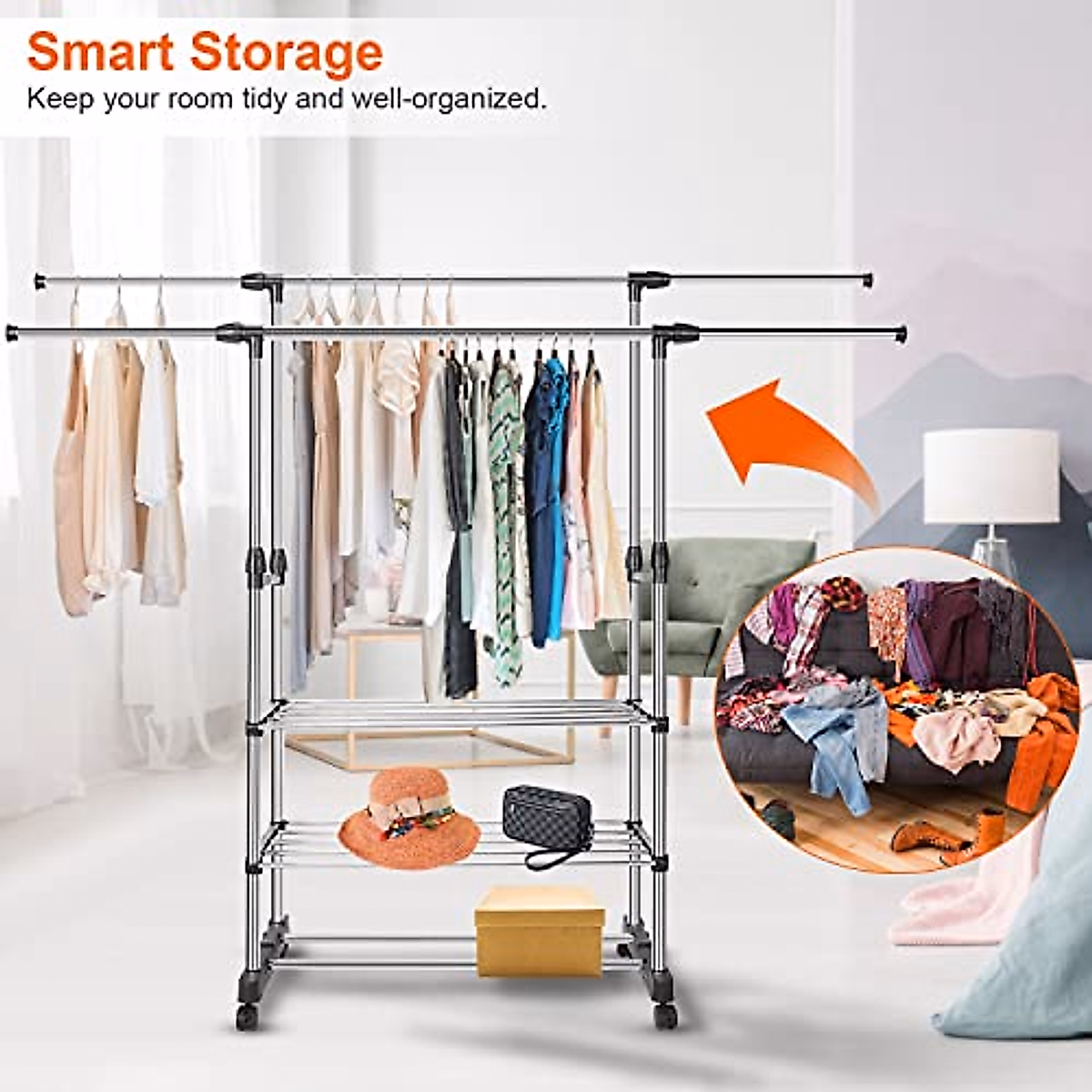 KOCASO Rolling Clothes Rack Stainless Steel for Hanging Clothes,Adjustable Double Rod Haning Rack Dual Rod Expandable Garment Rack with Wheels, ,Black,59.1in L x 16.1in W x 57.1in H