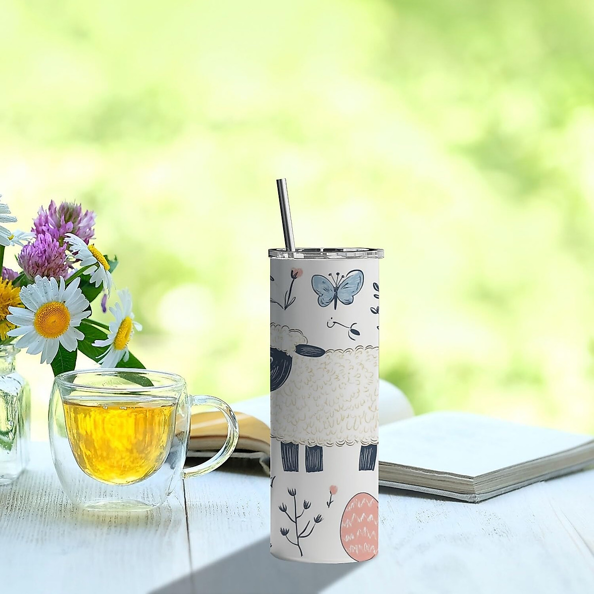 Tumbler with Lid and Straw Cute cartoon hand drawn lamb Thermos Coffee Travel Mug Cute Cups 20 oz Insulated Tumbler for Daily Holiday Decor Gift Coffee Cup