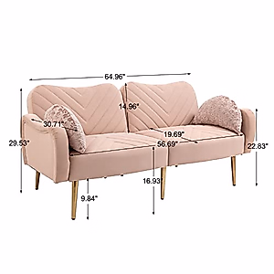 GNIXUU Small Couches for Living Room 65 inch, Mid Century Modern Velvet Love Seats Sofa Convertible Futon Bed with 2 Bolster Pillows, Loveseat Armrest for Bedroom, Apartment, Office, Pink