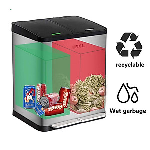 DBAL Trash Can Kitchen, 18 Liter Stainless Steel Trash Can 2 x 2.4 Gallon Soft Close Lid and Airtight Suit for Kitchen Office Home Use