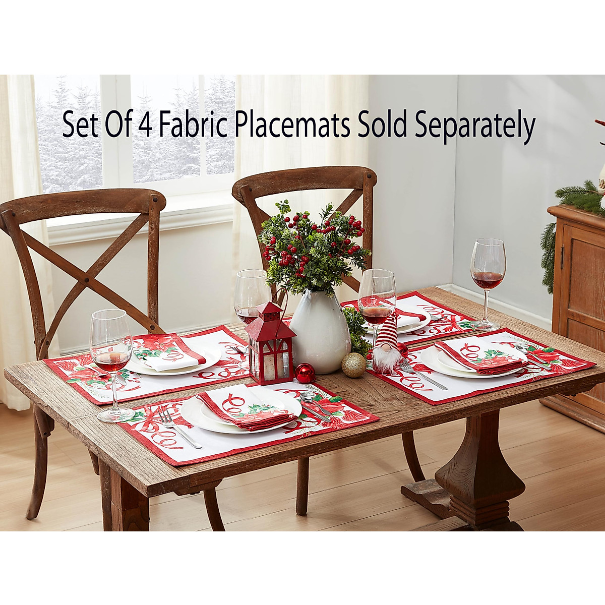 Home Bargains Plus Holiday Tassels Provence Christmas Fabric Tablecloth, French Country Holiday Poinsettia Garland Stain Resistant Easy Care Xmas Tablecloth, 60 Inch x 144 Inch Oblong/Rectangle