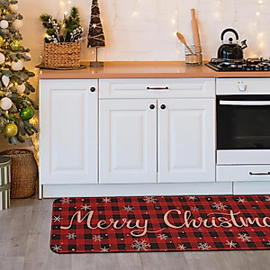 Alishomtll Christmas Kitchen Mats for Floor 2 Pieces, Non Slip Absorbent Kitchen Rugs Washable for Christmas Decor, Red Checkered Christmas Door Mat and Rug, 17''x47''+17''x29''