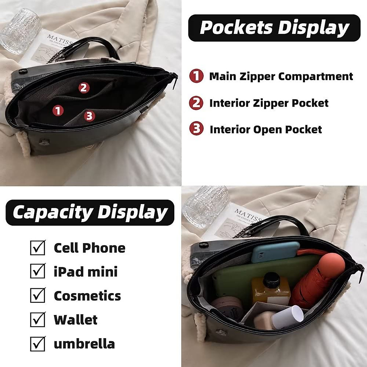 Mudono Shoulder Bag for Women Soft Glossy Crossbody Bag Square Purse Handbag with Faux Shearling Trim and Chain Strap