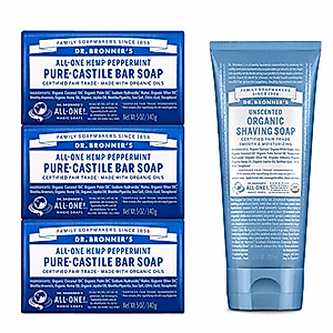 Dr. Bronner's - Gift Set: 3 Peppermint Soaps and 1 Unscented Shaving Soap - Certified Organic, Cleanses and Moisturizes, Versatile, Use on Face, Body, Hair and More, Non-GMO, Vegan (4-Pack)