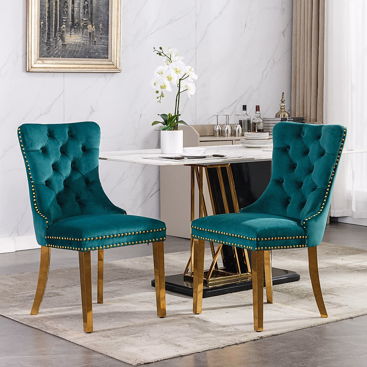 i-POOK Velvet Upholstered Dining Chairs Set of 2, High-end Tufted Wingback Dining Room Chairs with Ring Pull, Nailhead Trim and Gold Metal Legs, Luxury Dining Chairs for Living Room Kitchen, Green