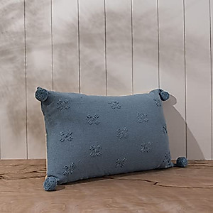 Foreside Home & Garden Blue with Pom Corners 14X22 Hand Woven Filled Pillow
