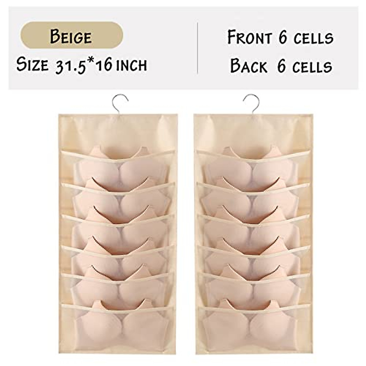 YUNZSXJY Bra organizers hanging bra storage bra hanger Double Sided with Pockets,Space Saving closet organzier for Bra underwear Clothes Socks wardrobe (Beige, 2PCS 6+6 Pockets)
