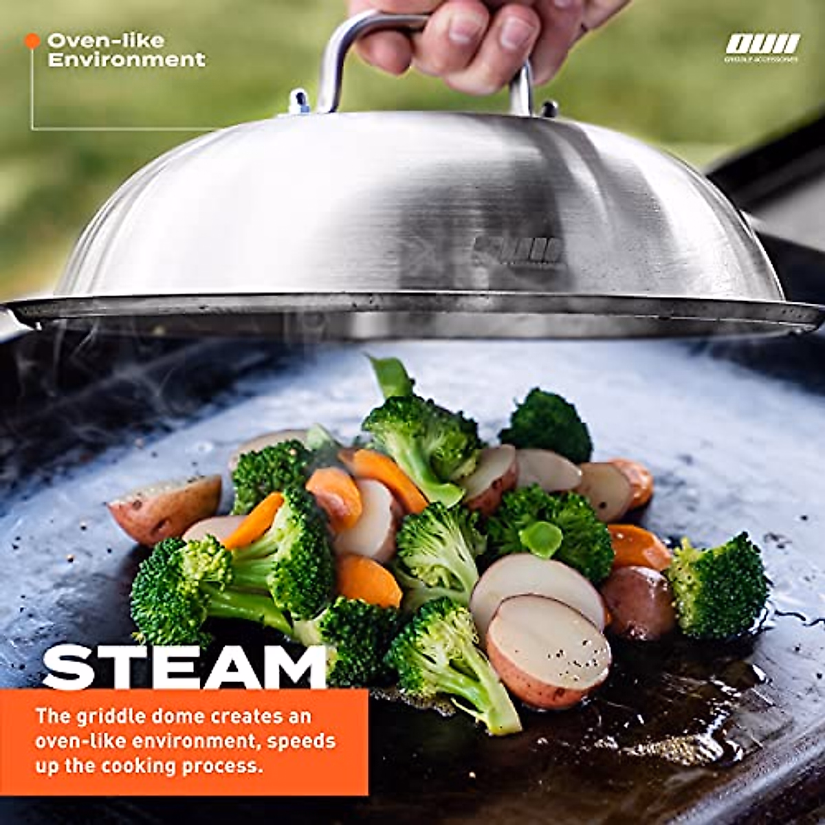 OUII Flat Top Griddle Accessories Set for Blackstone and Camp Chef Griddle - 12 Inch Heavy Duty Round Basting Cover Cheese Melting Dome with Cast Iron Burger Bacon Press & Basting Brush