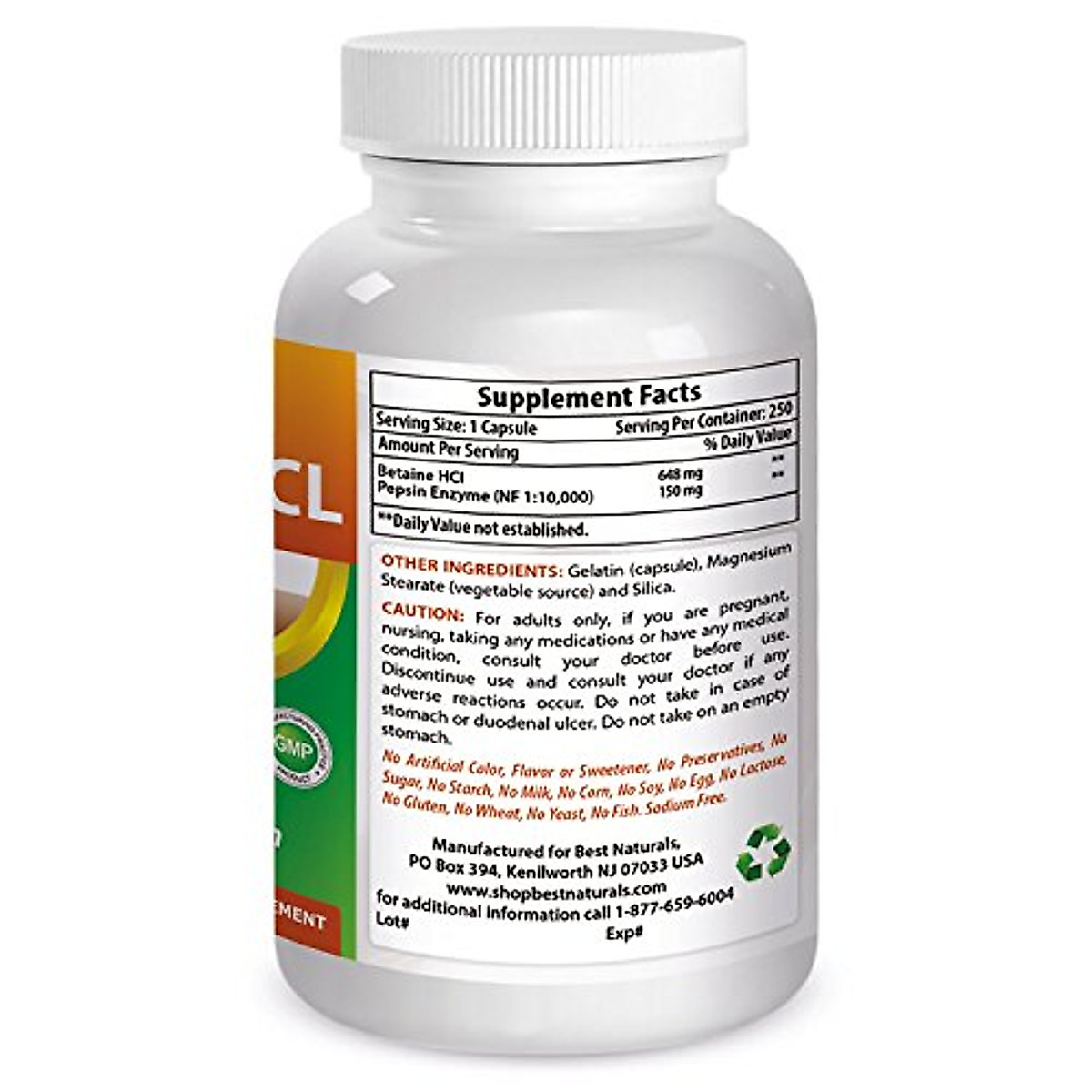 Best Naturals Betaine HCL 648 mg 250 Capsules