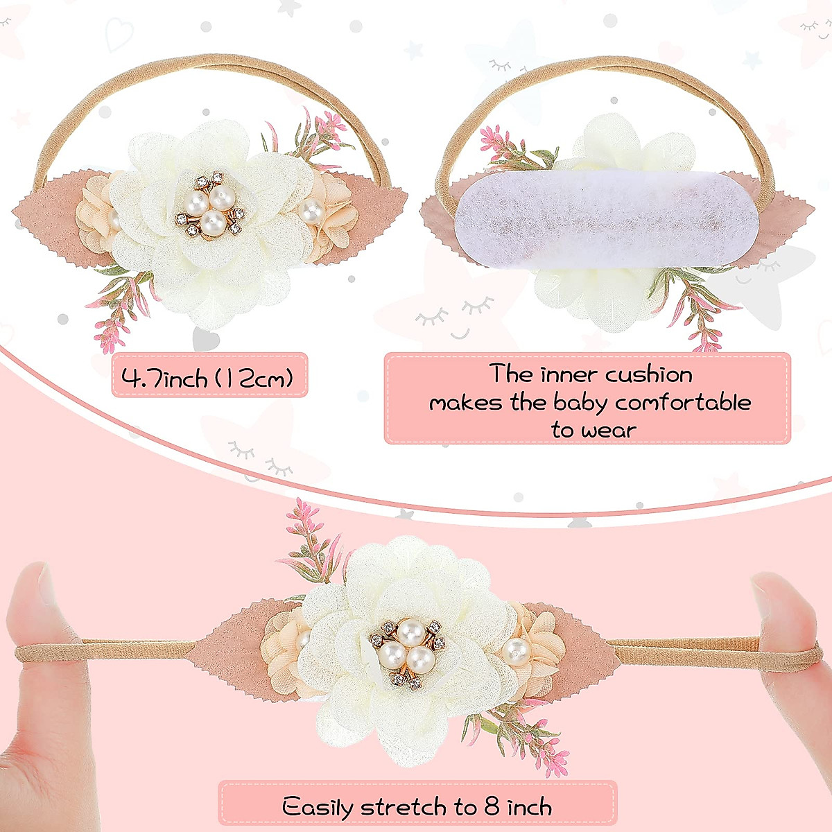 Jutom 6 Pcs Baby Girl Flower Headbands Nylon Floral Crown Elastic Hairband Elastic Baby Headbands Hair Band Handmade Bow for Newborn Photography Prop Infant Toddler Hair Accessories