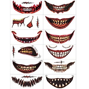 FEBUD 12PCS Halloween Clown Horror Mouth Tattoo Stickers Temporary Tattoos Face Decals Prank Props for Halloween Cosplay Party Decorations