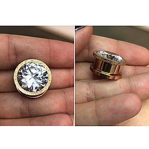 ZS Rose Gold Stainless Steel Screw Big Cubic Zirconia Ear Gauges Plugs Tunnels Expander Body Piercing (Gauge=00g(10mm))