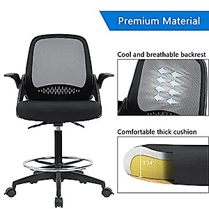 Devoko Drafting Chair Tall Office Chair with Flip-up Armrests Executive Computer Standing Desk Chair with Lockable Wheels and Adjustable Footrest Ring (Black)