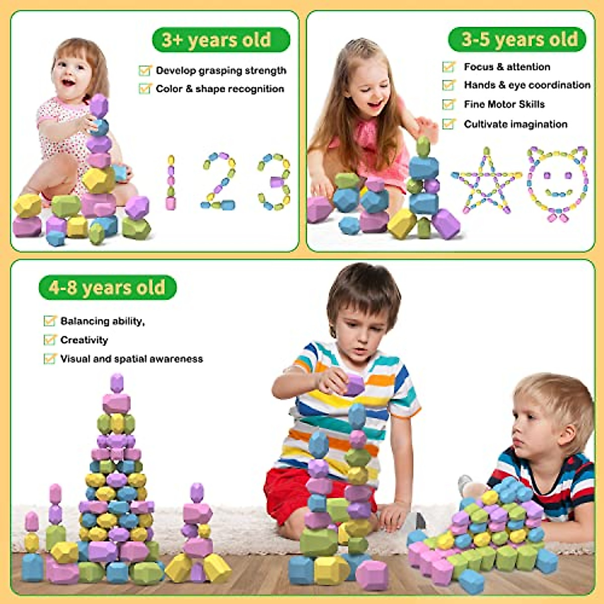 Rurvale Montessori Toys for 3 4 5 6 Years Old Boys and Girls,Wooden Stacking Blocks Rocks, Educational Learning Builing Blocks Sensory Toys for Kids Age 3-5, Preschool Gift