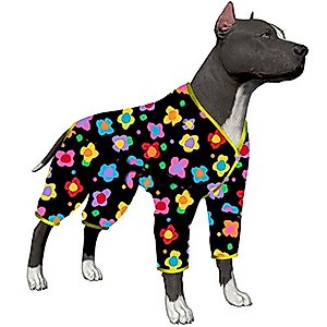 LovinPet Clothes For Labrador Pajama - Anxiety Calming Shirt,Anti Licking Dog Pajamas, Lightweight Fabric, Vintage Happy 2 Quilted Multi Print, Large Dog Pjs, All Season wear Dog Pj's,Black Yellow 3XL