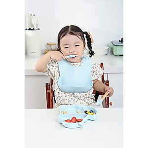 Silione Baby Feeding Set Including Baby Suction Plate/Todder Plates For Self Feeding Training With Divided Design/Soft spoon/Fork/Adjustable Bib Toddler Dish Kit(Grey C)