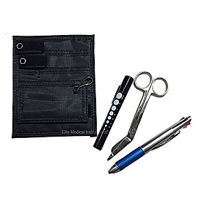 EMI Nurse Black Pocket Organizer 4 Piece KIT - Pocket Organizer, Lister Bandage Scissor, LED Pupil Gauge Penlight, and Chart Pen
