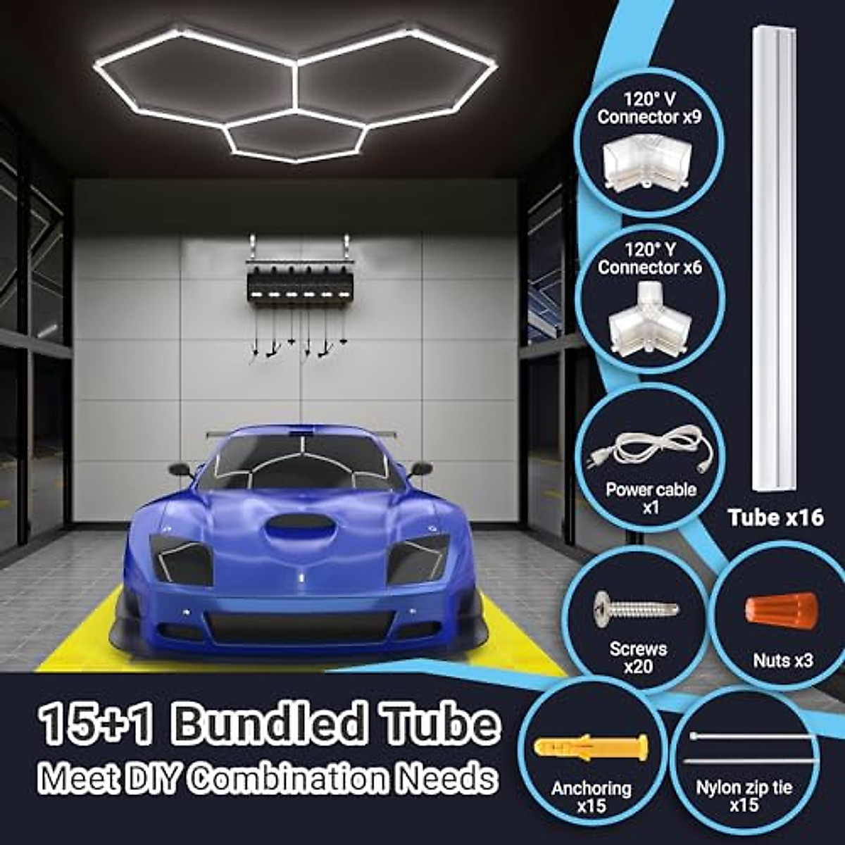HYPERLITE Gen 1 Hexagon Garage Lights, 3 Grid Systems Honeycomb Lights Ceiling, Hexagon Ceiling Light 6500K Cool White for Shop Garage Gym Basement Car Care Wash Room Auto Detailing