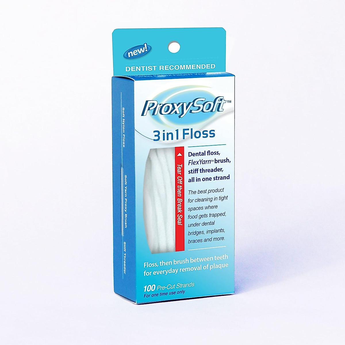 ProxySoft 3-in-1 Dental Floss for Optimal Teeth Flossing​- 1 Pack Pre-Cut Ortho Floss Threaders for Braces, Tight Spaces, Bridges, Implants with Built-in Soft Proxy Brush and Stiff Threader Flosser