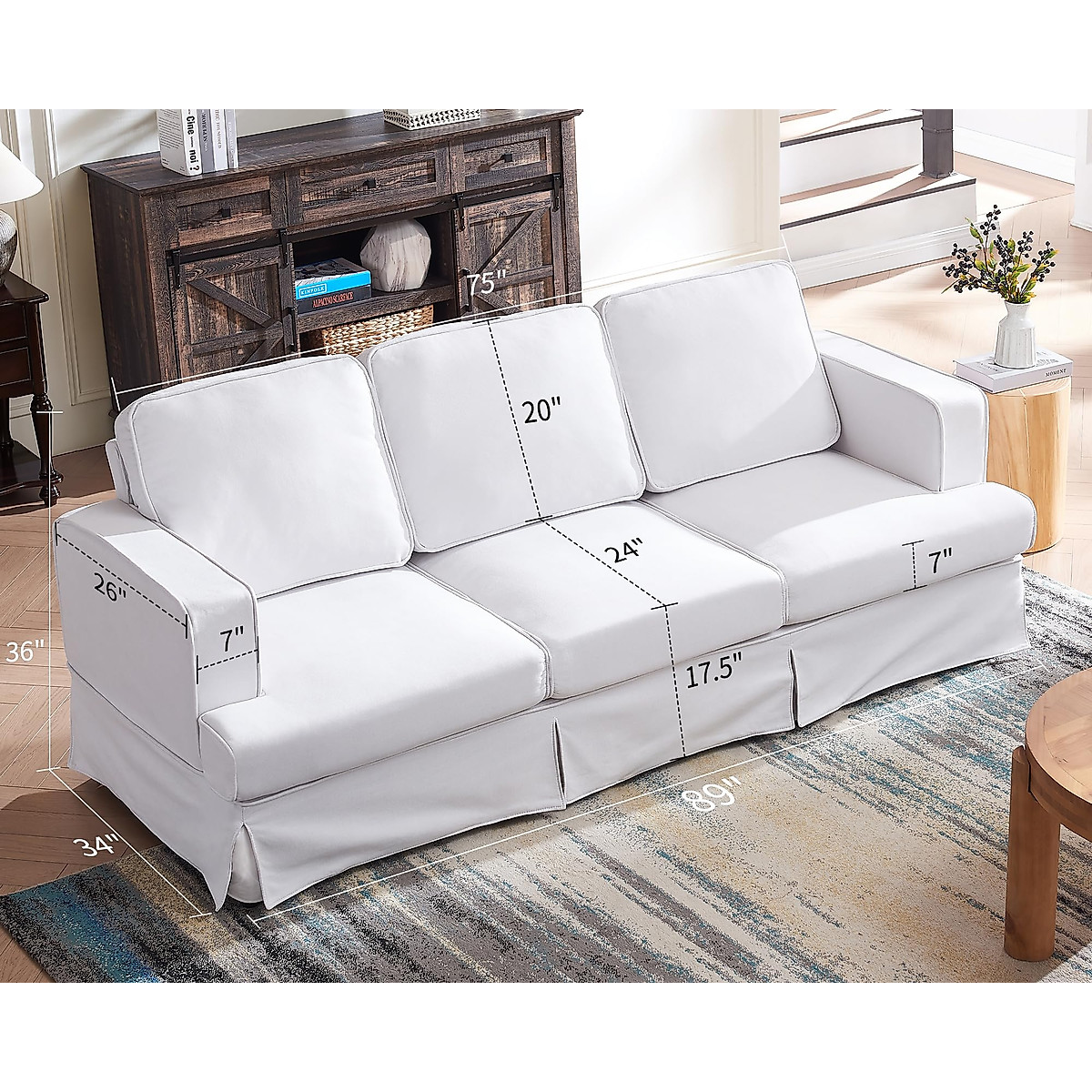 AMERLIFE Sofa, 89 inch Slipcovered Couch, 3 Seater Sofa Comfy Couch for Living Room Office, Linen White Couch