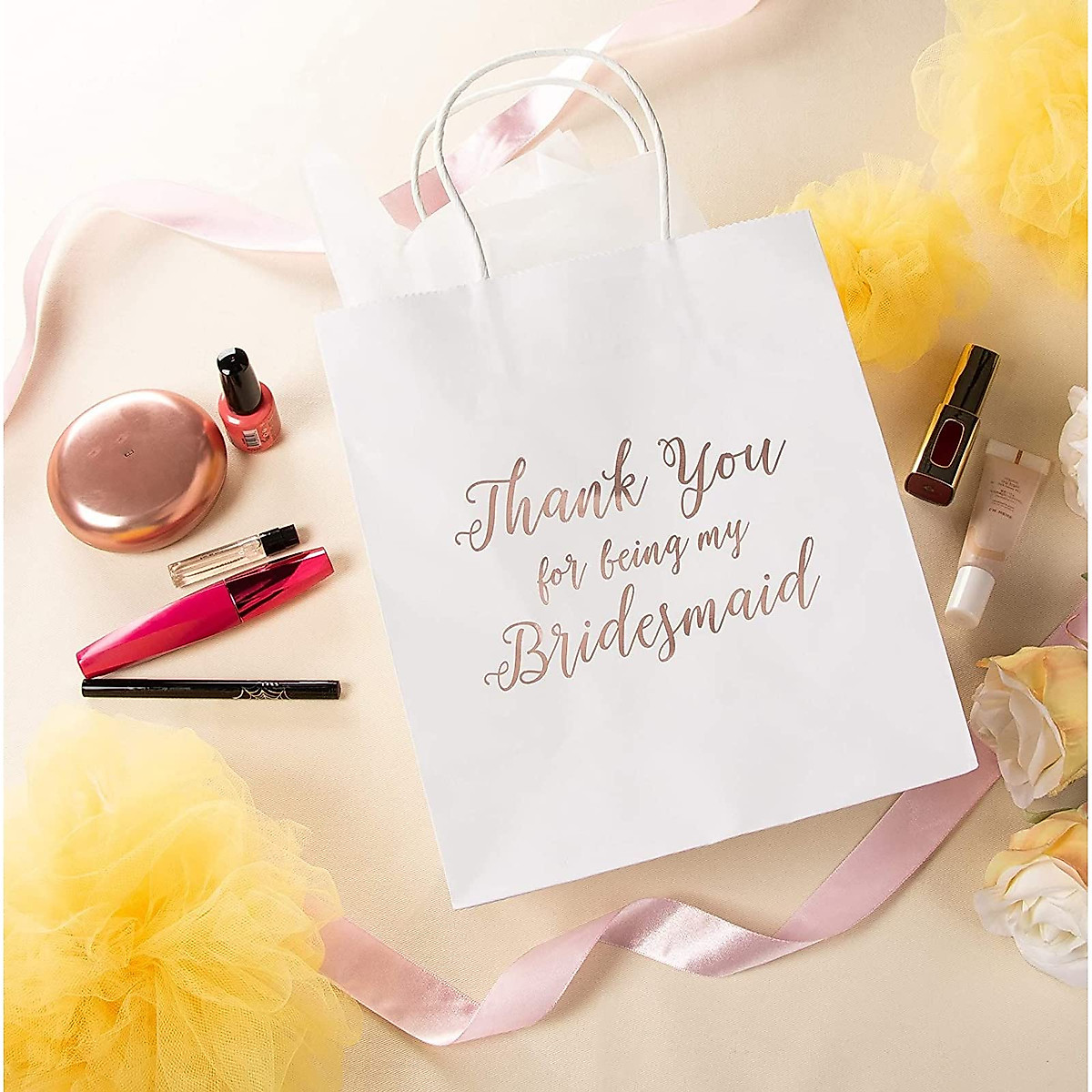 Juvale 11 Bridesmaid and 1 Maid of Honor Thank You Paper Gift Bag, Rose Gold Foil Text, Includes 20 Sheets of Tissue Paper, Perfect for Bridal Party Favors, White, 9 x 8 x 4 Inches