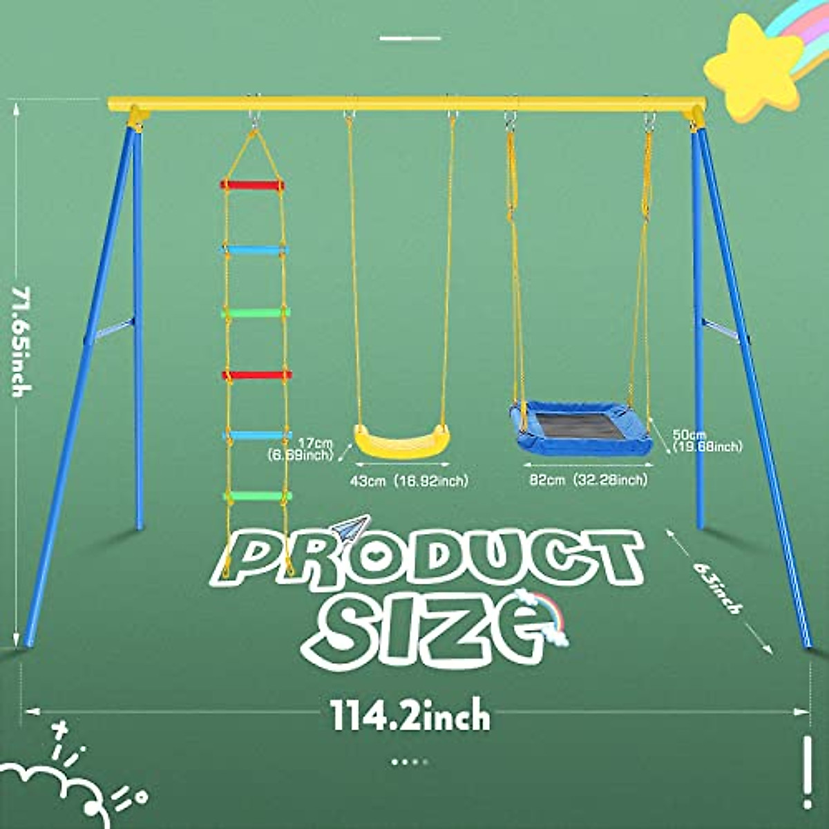 Plohee 550lbs 4 in 1 Swing Sets for Backyard - Heavy-Duty Metal Playset for Kids, Waterproof with 2 Adjustable Swings Climbing Rope Swing Climbing Ladder (Yellow)