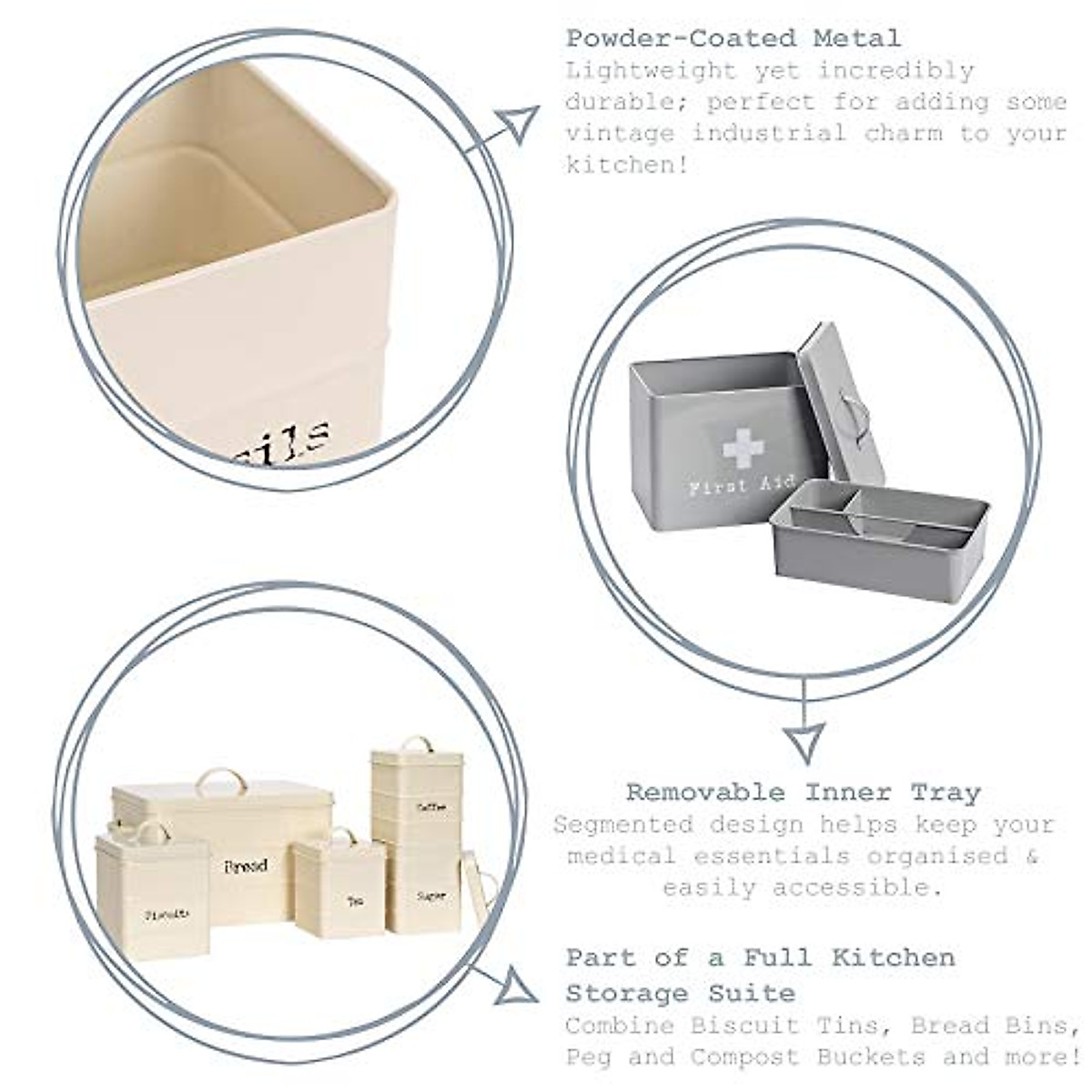 Harbour Housewares 1x Grey Industrial First Aid Box - Retro Chic Vintage Style 2-Tier Steel Medicine Storage Organiser