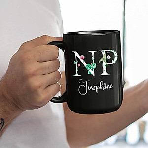 NP Coffee Mug, Personalized Nurse Practitioner Gift, Custom Nurse's Name Mug, Gift for Medical Student Nursing School, NP Mug, Alphabet Letter Monogram Flower NP Tea Cup, Black Mug 11oz, 15oz