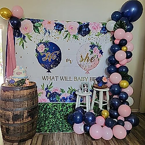 Avezano Navy and Blush Gender Reveal Backdrop He or She Navy Blue Blush Pink Floral Baby Gender Reveal Photography Background Pregnancy Reveal Surprise Boy or Girl Party Decoration Backdrops (7x5ft)