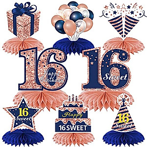 Rose Gold Navy Blue 16th Birthday Decorations Table Centerpieces for Women Girls, 8Pcs Happy 16 Birthday Honeycomb Centerpiece Party Supplies, Sweet 16 Birthday Table Toppers Sign Decor