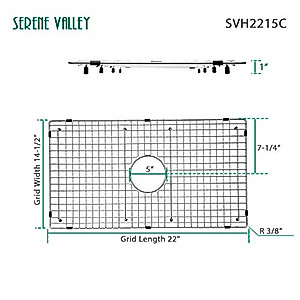 Serene Valley Sink Bottom Grid 22" X 14-1/2", Centered Drain with Corner Radius 3/8", Sink Protector SVH2215C