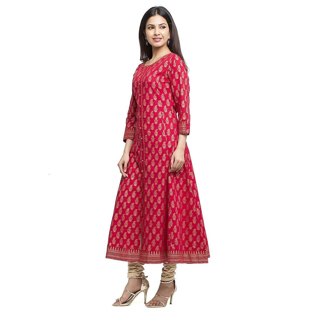 Yash Gallery Women's Cotton Gold Printed Anarkali Kurtis for Women (Red, L)