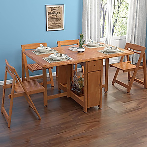 Solid Wood Drop Leaf Table with 4 Chairs, Household Folding Dining Table Set, Small Apartment Simple Solid Wood Table, Rectangular Kitchen Dining Table, Brown
