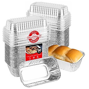 Stock Your Home Disposable Aluminum Mini Loaf Pans with Lids, 1 lb (50 Pack) New & Improved Plastic Dome Lid Foil Baking Tins, Tin Pans for Cake, Bread, Holiday Baked Goods Packaging