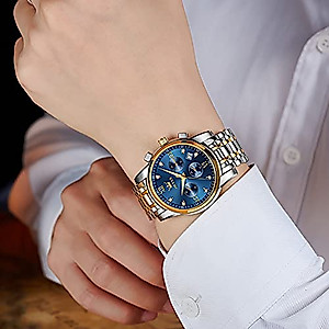 OLEVS Blue and Gold Two-Tone Watches for Men Fashion Multifunction Watches Date Waterproof Chronograph Wristwatches, Stainless Steel Watch Band Waterproof Watch Luminous