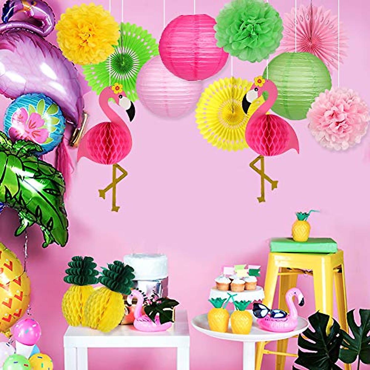 Flamingo Party Supplies, Hawaiian Party Decorations Flamingo and Pineapple Honeycomb Ball Paper Lanterns Paper Fans Pom poms Flowers for Birthday Luau Tropical Bachelorette Party