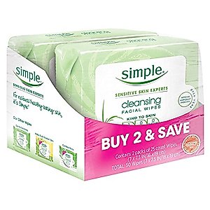 Simple Kind to Skin Facial Wipes, Cleansing 25 ct, Twin Pack