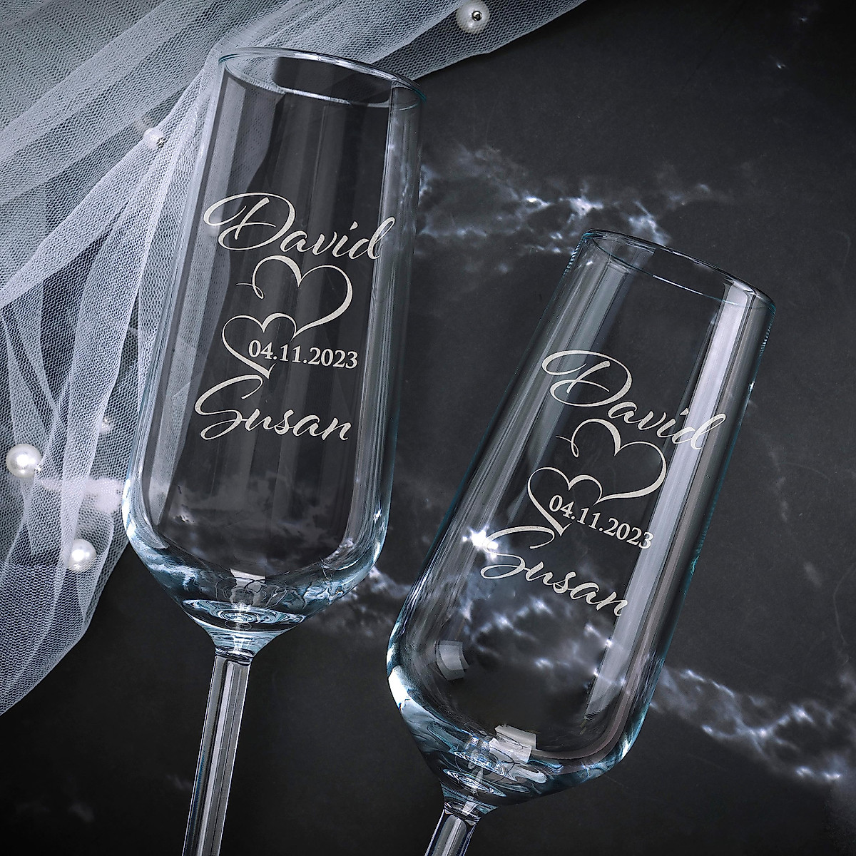 Personalized Wedding Champagne Flutes for Bride and Groom - Set of 2, 9 Designs - Champagne Glasses for Engagement with Names and Date, Interlaced Hearts, Couple's Names Champagne Flutes - D3